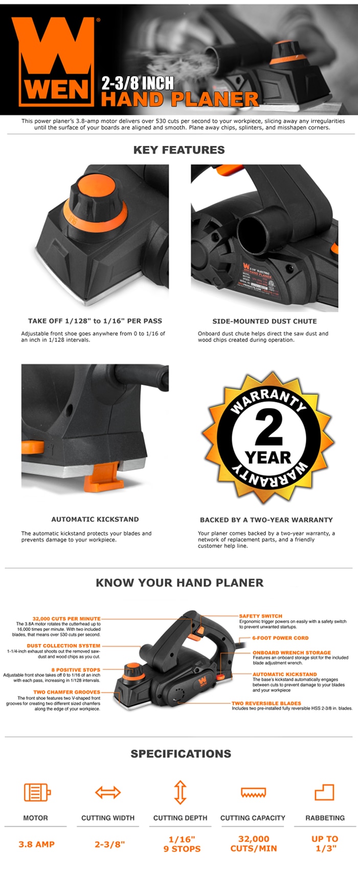 WEN 3.8 Amp 2-3/8 in. Corded Hand Planer 6528 - The Home Depot