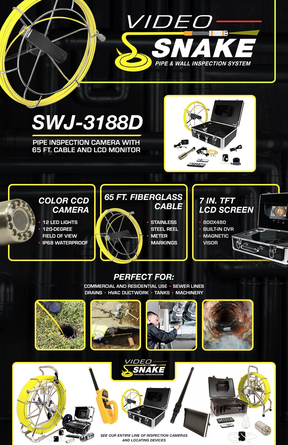 Video Snake 65 ft. Pipe and Wall Inspection System Complete Color ...