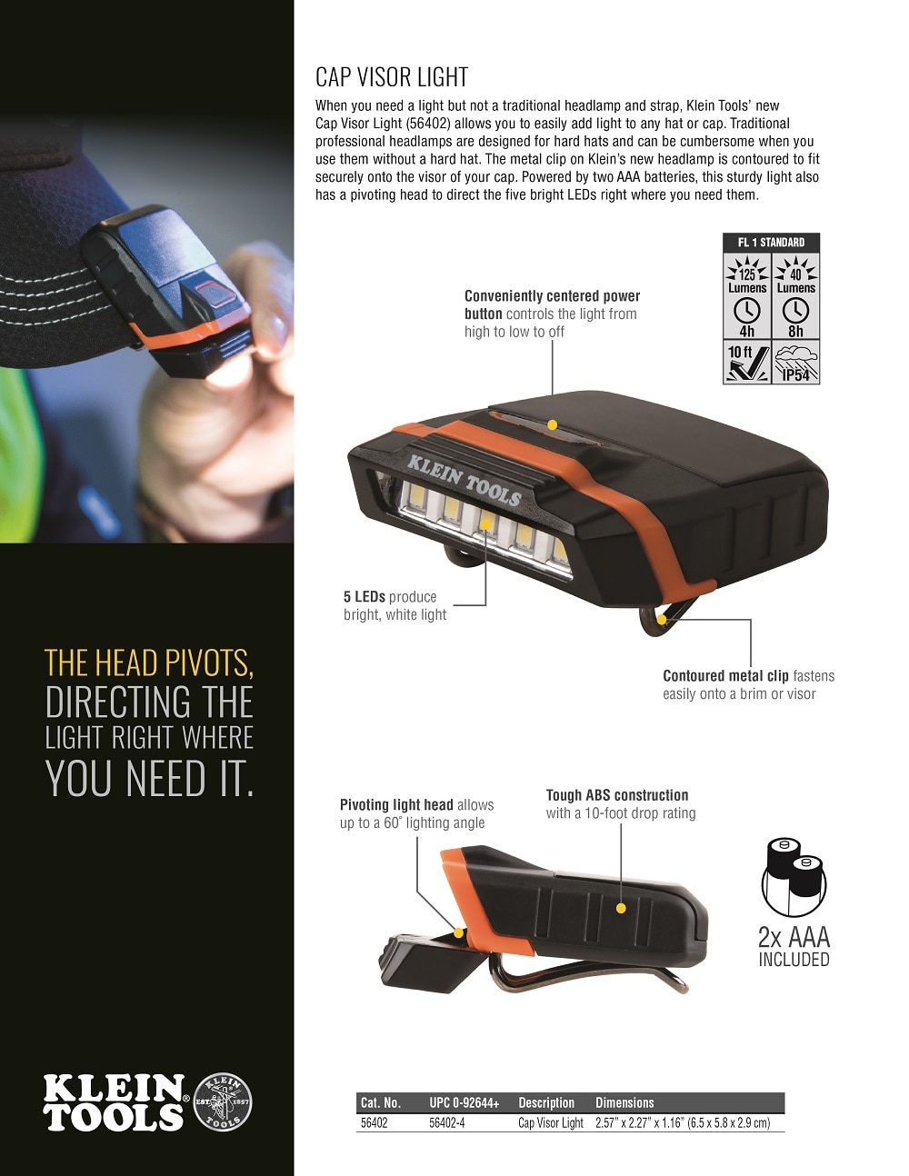 Klein Tools Cap Visor LED Light, 125 Lumens, 2 Modes 56402 - The Home Depot