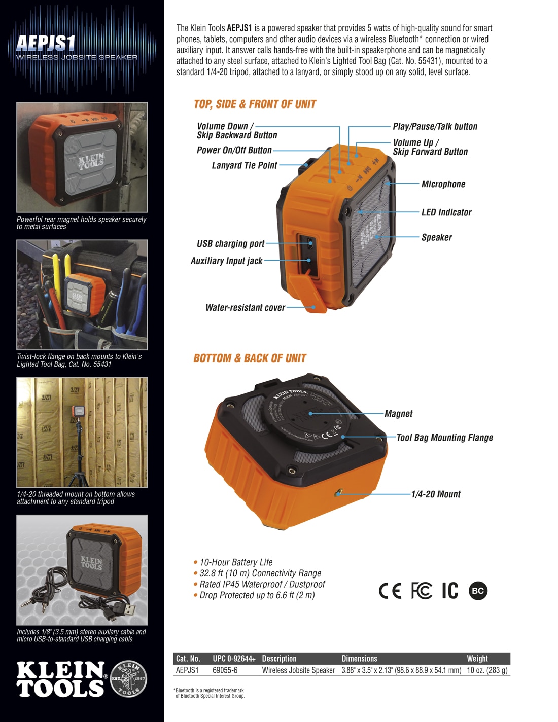 Klein Tools Wireless Jobsite Speaker, Battery Powered, with Microphone ...