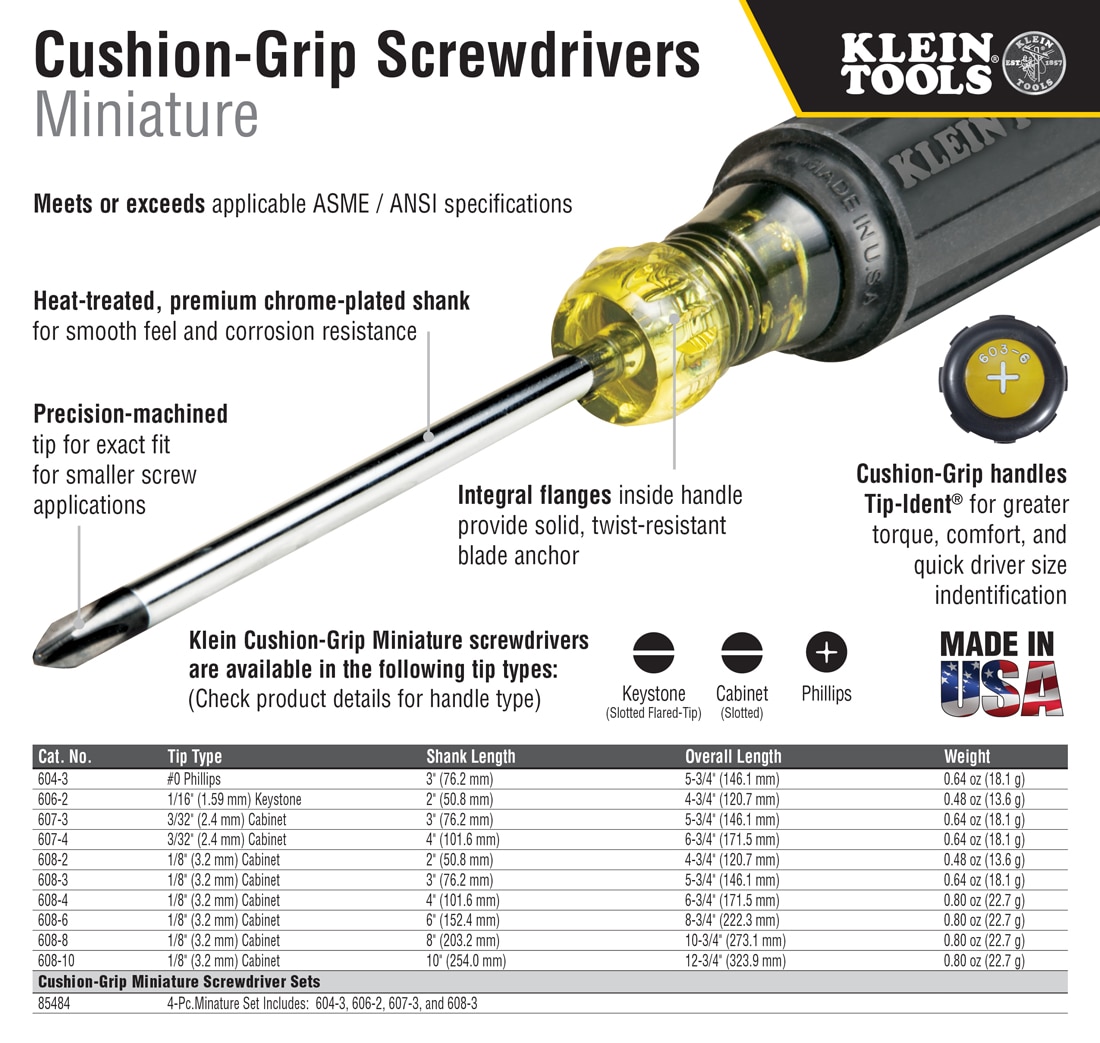 Klein Tools 4-Piece Assorted Mini Screwdriver Set-Cushion Grip Handles ...