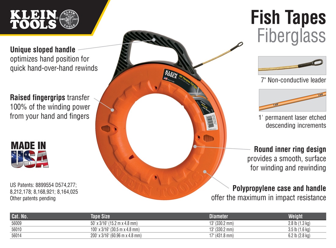 Klein Tools 200 ft. Fiberglass Fish Tape with Spiral Leader 56014 - The ...