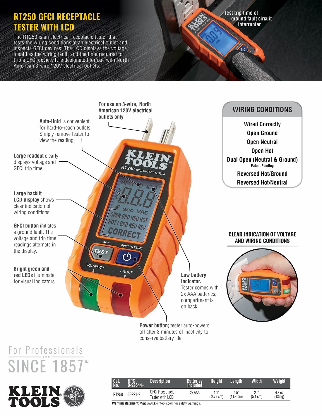 Klein Tools GFCI Electrical Outlet Tester with LCD Display RT250 - The ...
