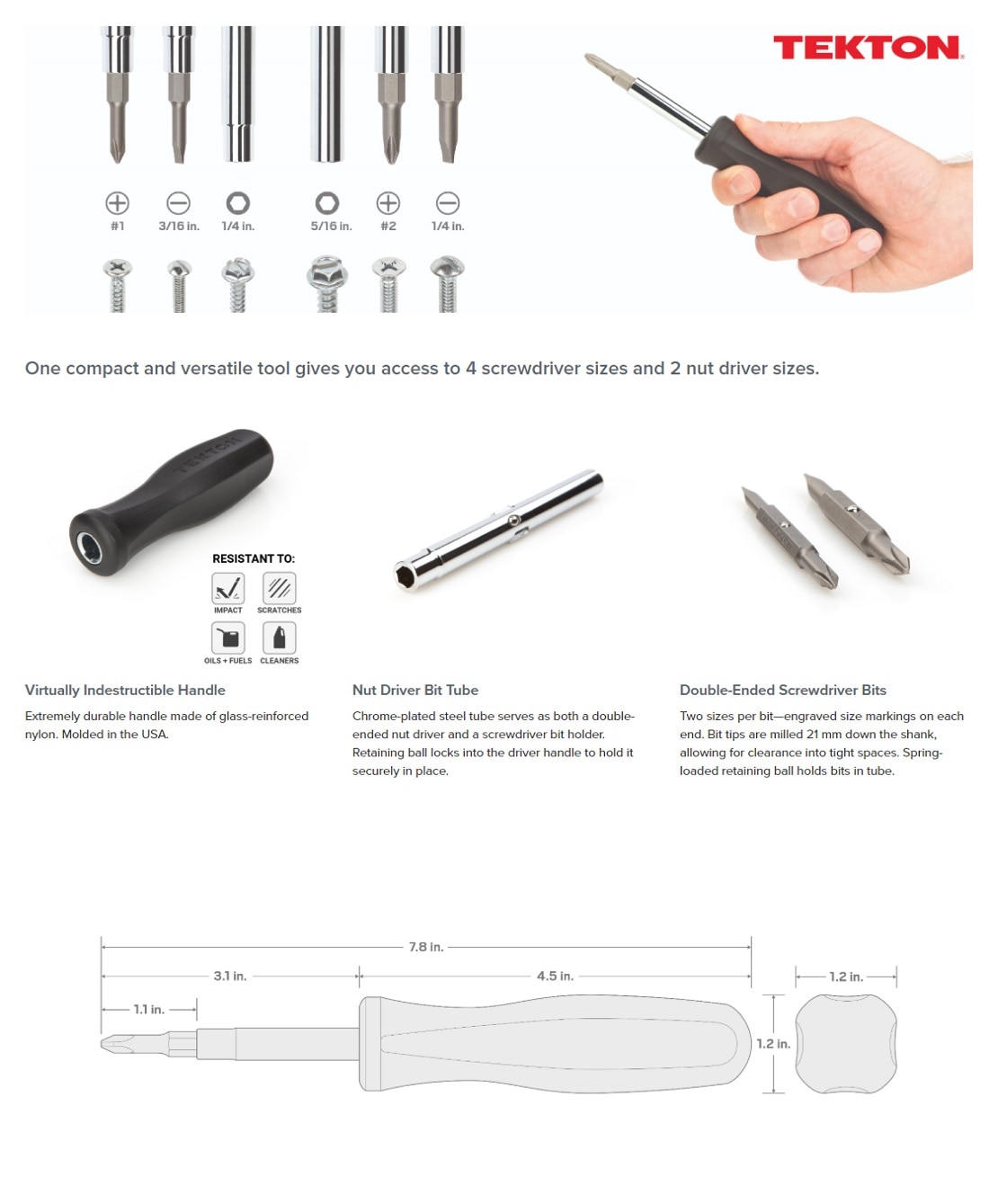 TEKTON #1 x 3/16 in., #2 x 1/4 in. 6-in-1 Phillips/Slotted Screwdriver ...