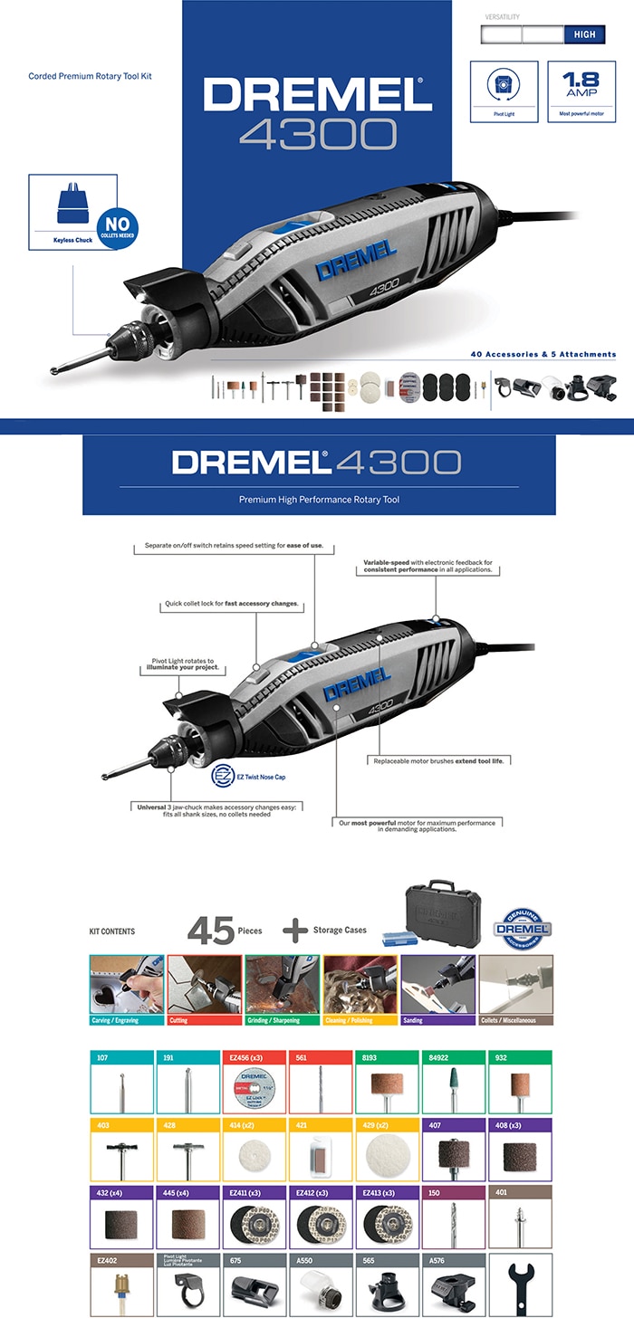 Dremel 4300 Series 1.8 Amp Variable Speed Corded Rotary Tool Kit w ...