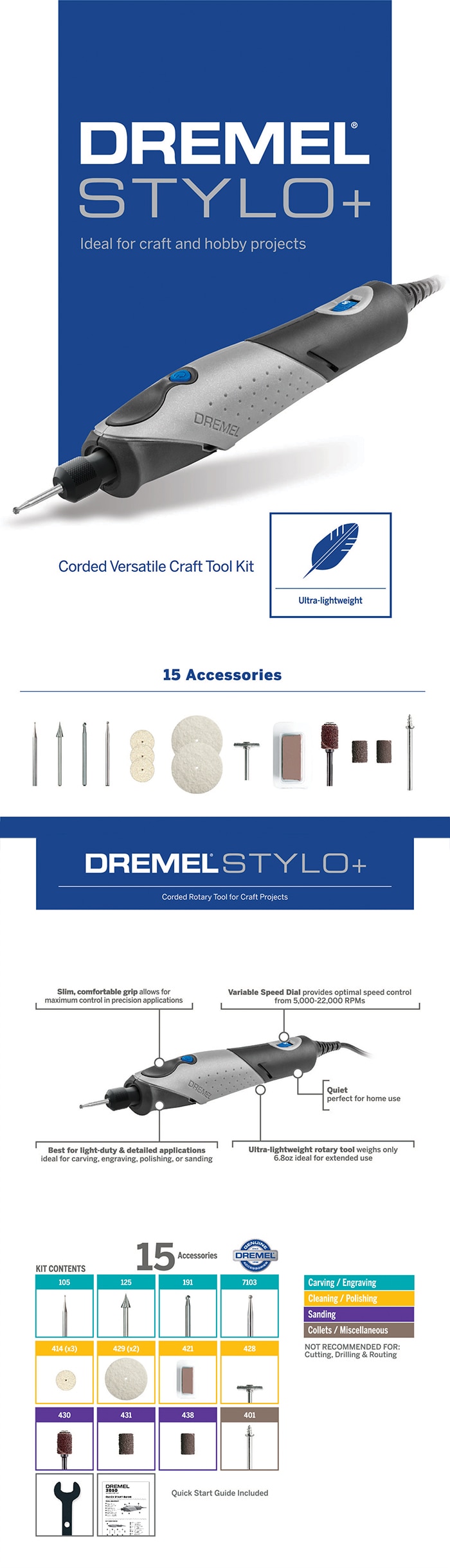 Dremel Stylo+ Versatile Corded Craft Rotary Tool Kit with 15 ...