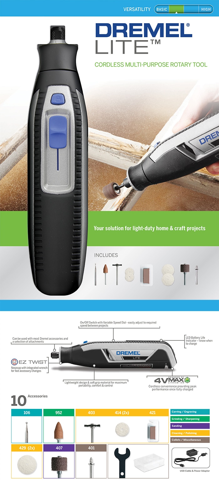 Dremel Lite 7760 4V Variable Speed Lithium Ion Cordless Rotary Tool Kit ...