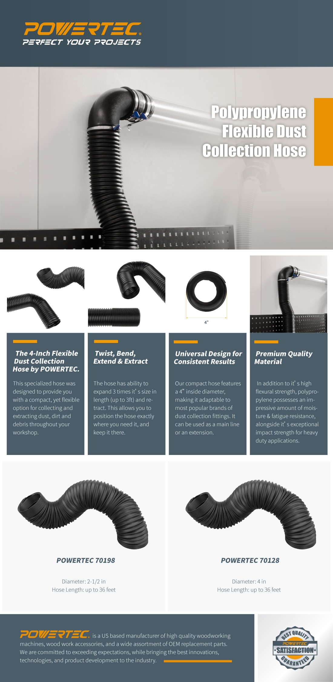 POWERTEC 4 in. x 36 in. Flexible Dust Collector Hose for Table Saw ...