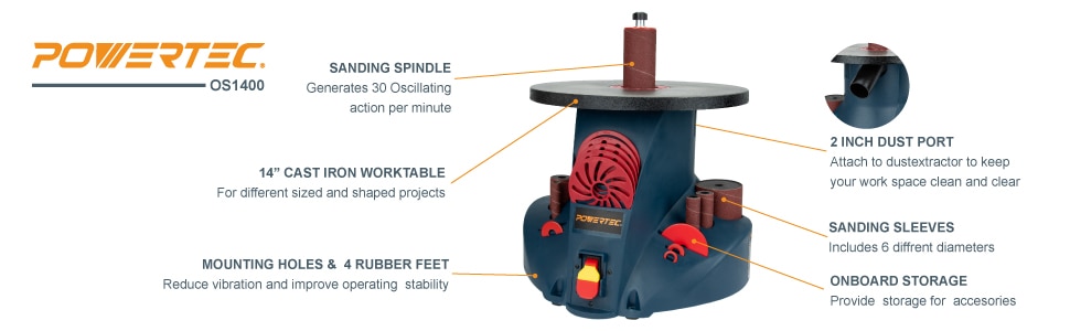POWERTEC 2.6 Amp Benchtop Oscillating Spindle Sander with 14 in. Dia ...