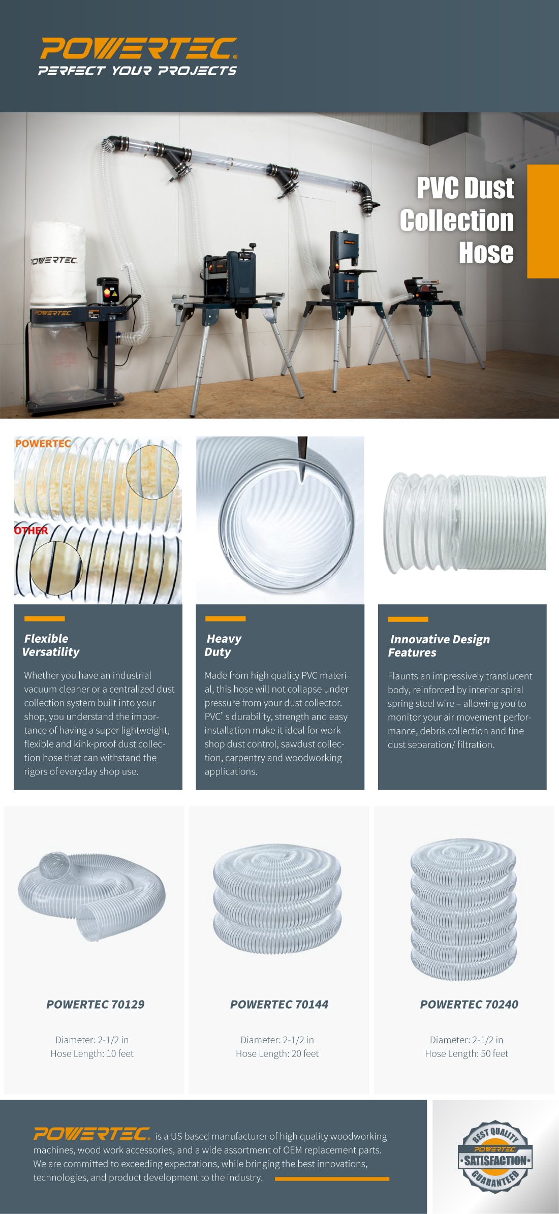 ‎POWERTEC 2-1/2 in. x 10 ft. Flexible PVC Dust Collection Hose, Clear ...