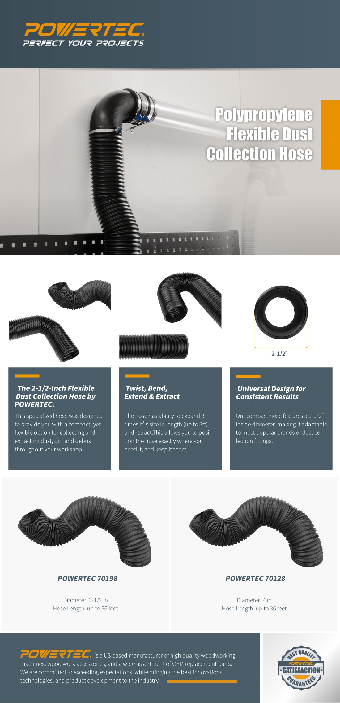 ‎POWERTEC 36 in. L x 2-1/2 in. Flexible Dust Collection Hose 70198 ...