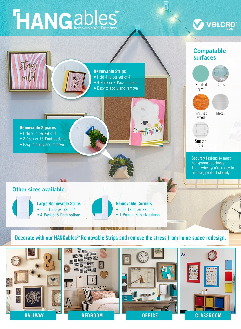 VELCRO HANGables Removable Wall Fasteners 3 in. x 1-3/4 in. Strips (4 ...