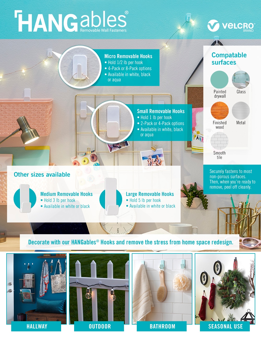 VELCRO HANGables Medium Removable Hook in White (2-Count) VEL-30138-USA ...