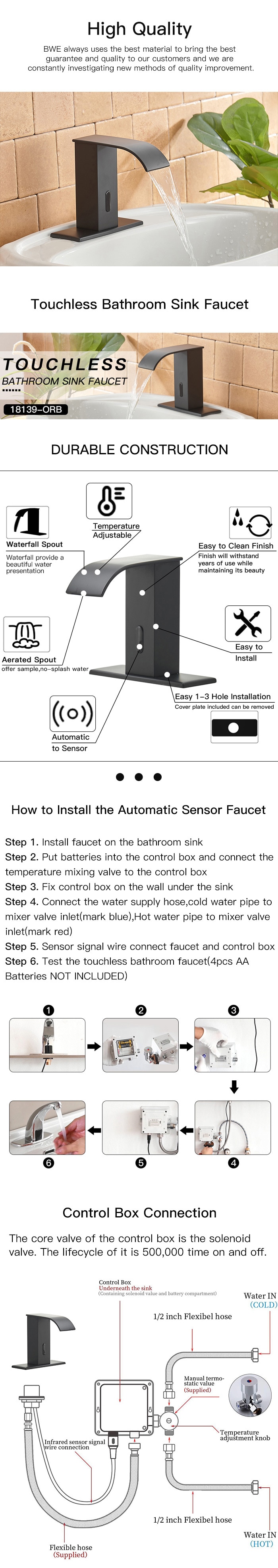 BWE DC Battery Powered Touchless Single Hole Bathroom Faucet Motion ...