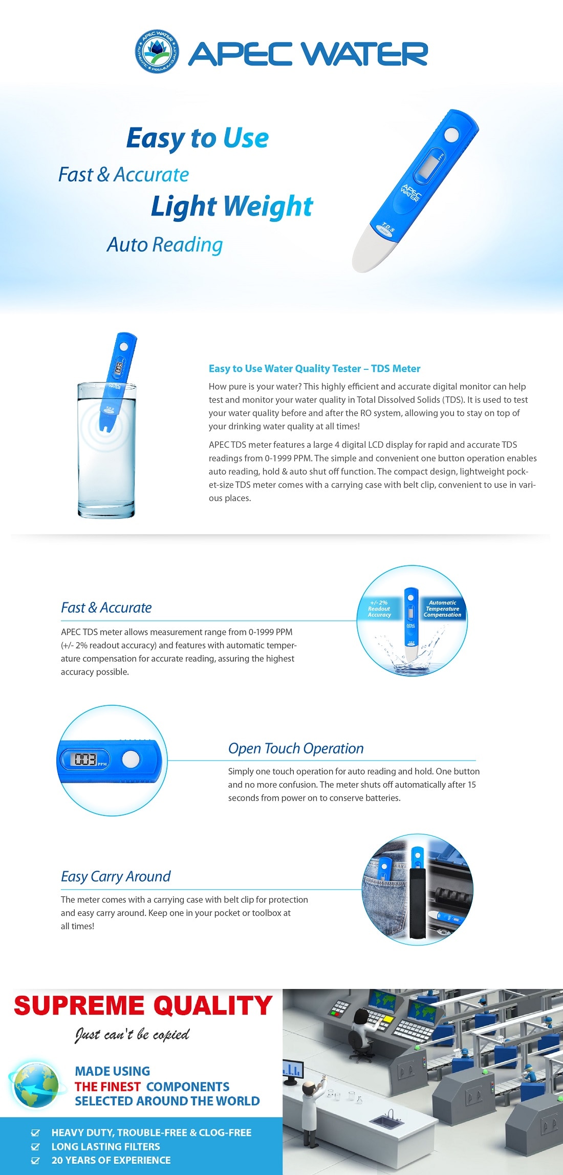 APEC Water Systems Digital TDS Meter Water Quality Tester with Carrying ...