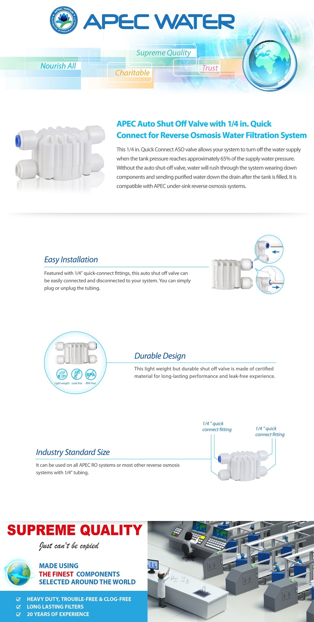 APEC Water Systems Auto Shut Off Valve with 1/4 in. Quick Connect for ...