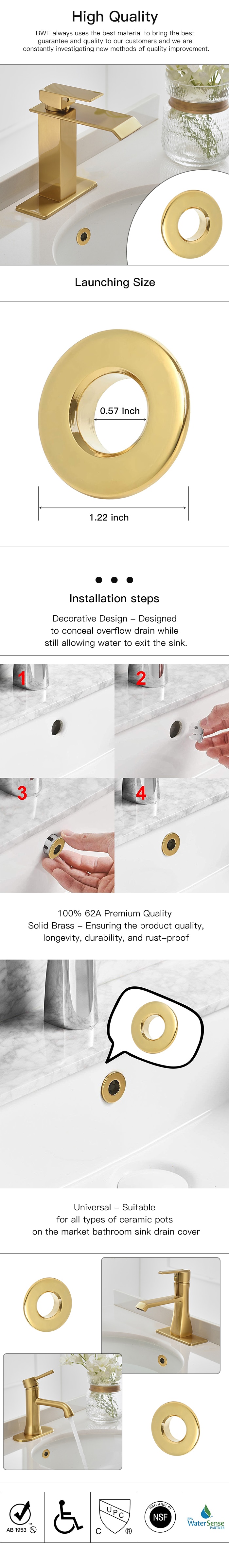 BWE 1.22 in. Sink Basin Trim Overflow Cover Brass Insert in Hole Round ...
