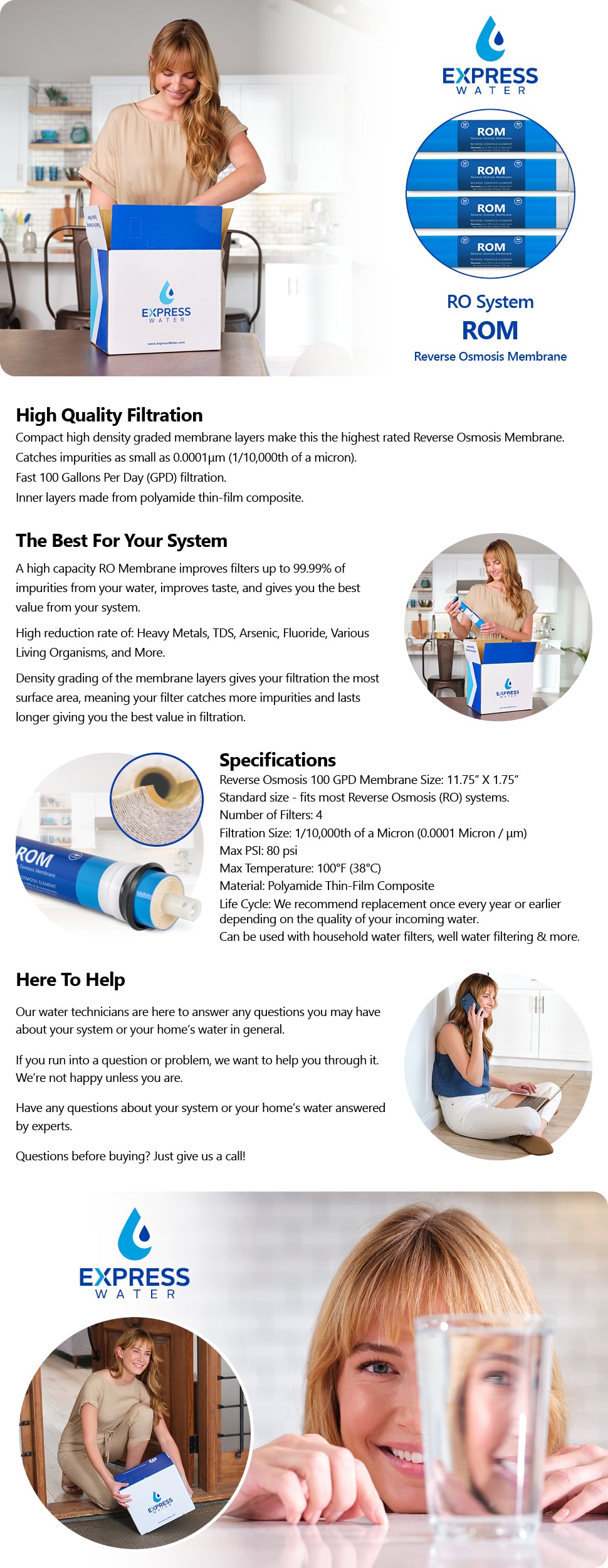 Express Water 4 Pack Reverse Osmosis Membrane - 100 GPD Water Filter ...