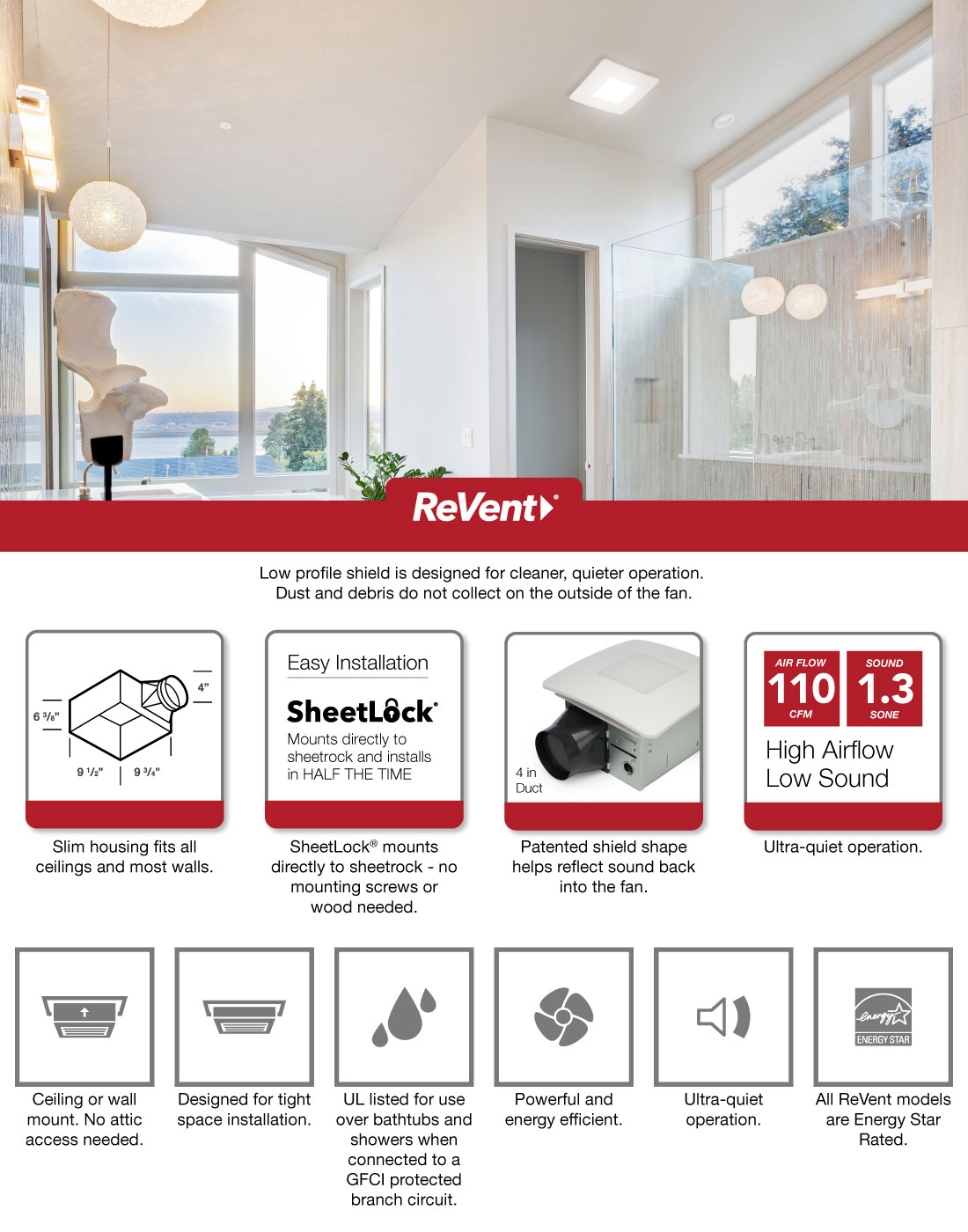 ReVent 150 CFM Ceiling/Wall Mount Quiet Easy Roomside Installation ...