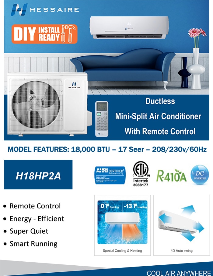 Hessaire DIY 18,000 BTU 1.5-Ton Ductless Mini Split Air Conditioner and ...