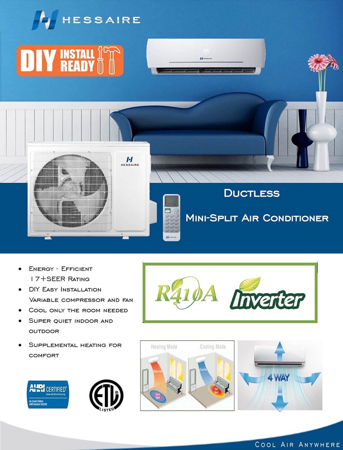 Hessaire DIY 12,000 BTU 1.0 Ton Ductless Mini Split Air Conditioner and ...