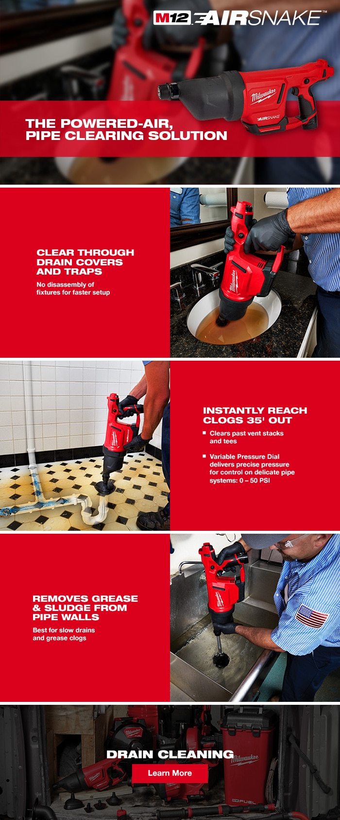 Milwaukee M12 12V Lithium-Ion Cordless Drain Cleaning Airsnake Air Gun ...