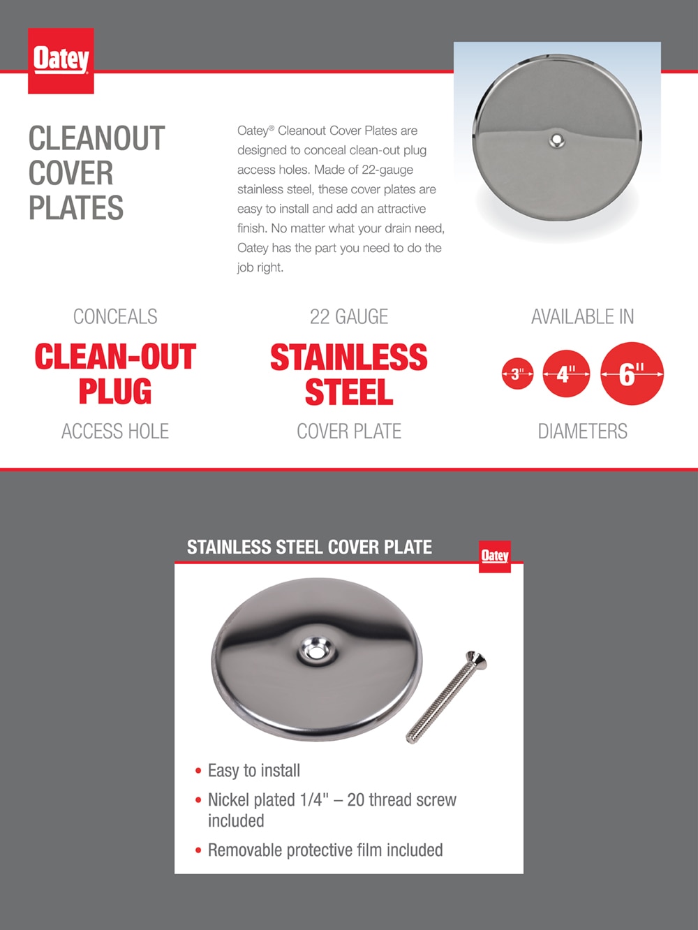 Oatey 3 in. Stainless Steel Flat Cleanout Cover Plate 427802 - The Home ...