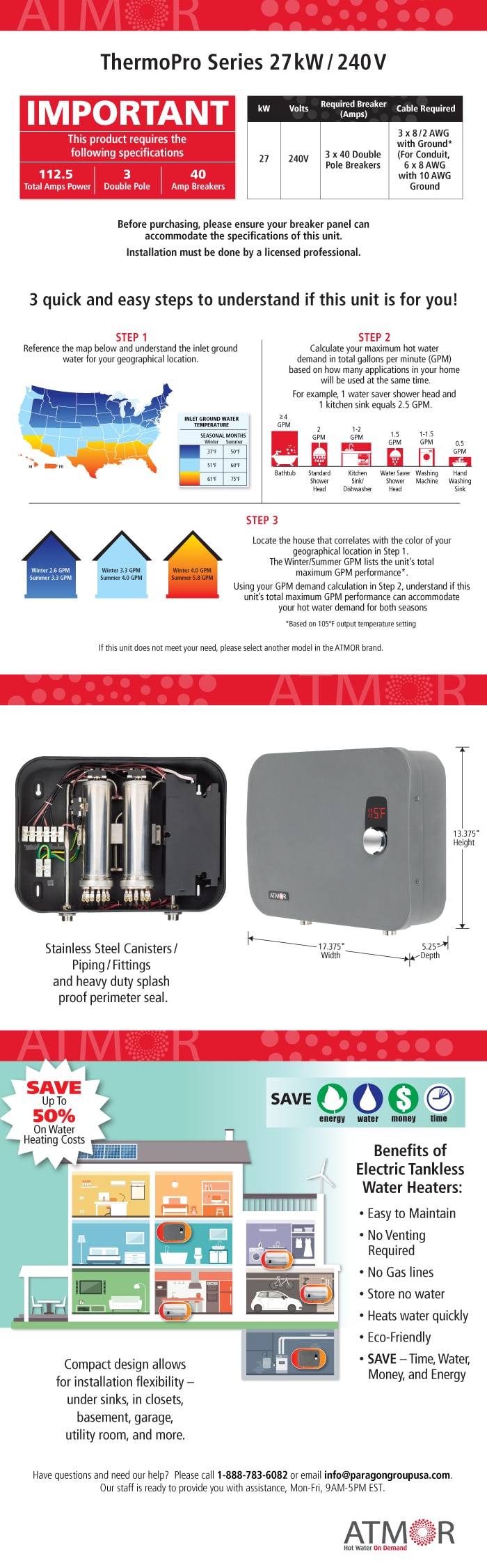 ATMOR 36kW 7.03 GPM Electric Tankless Water Heater Ideal for 4 Bedroom ...