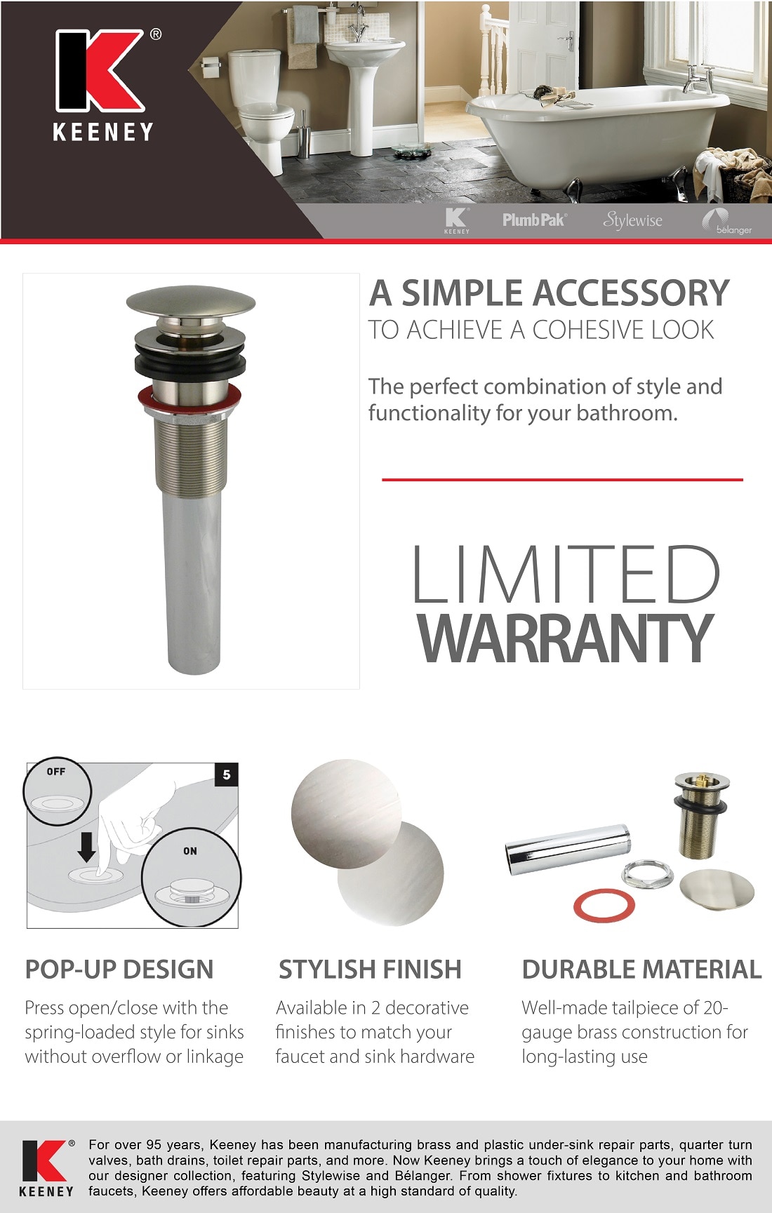 KEENEY 1-1/4 in. x 8 in. Vessel Sink Drain Pop-Up in Brushed Nickel ...