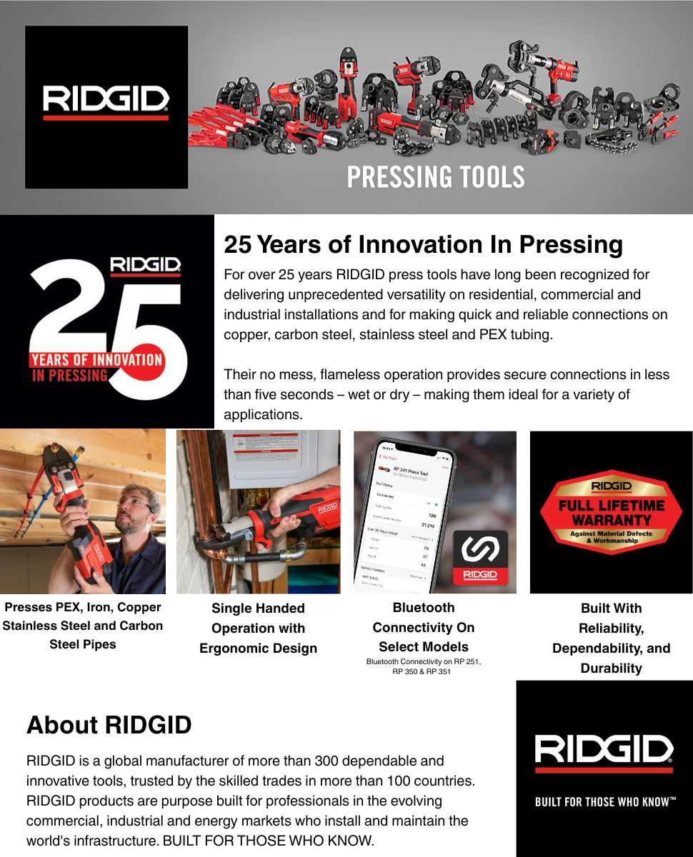 RIDGID RP 251 Stainless Steel Press Tool Kit Includes 8-RLS Jaws (1/4 ...