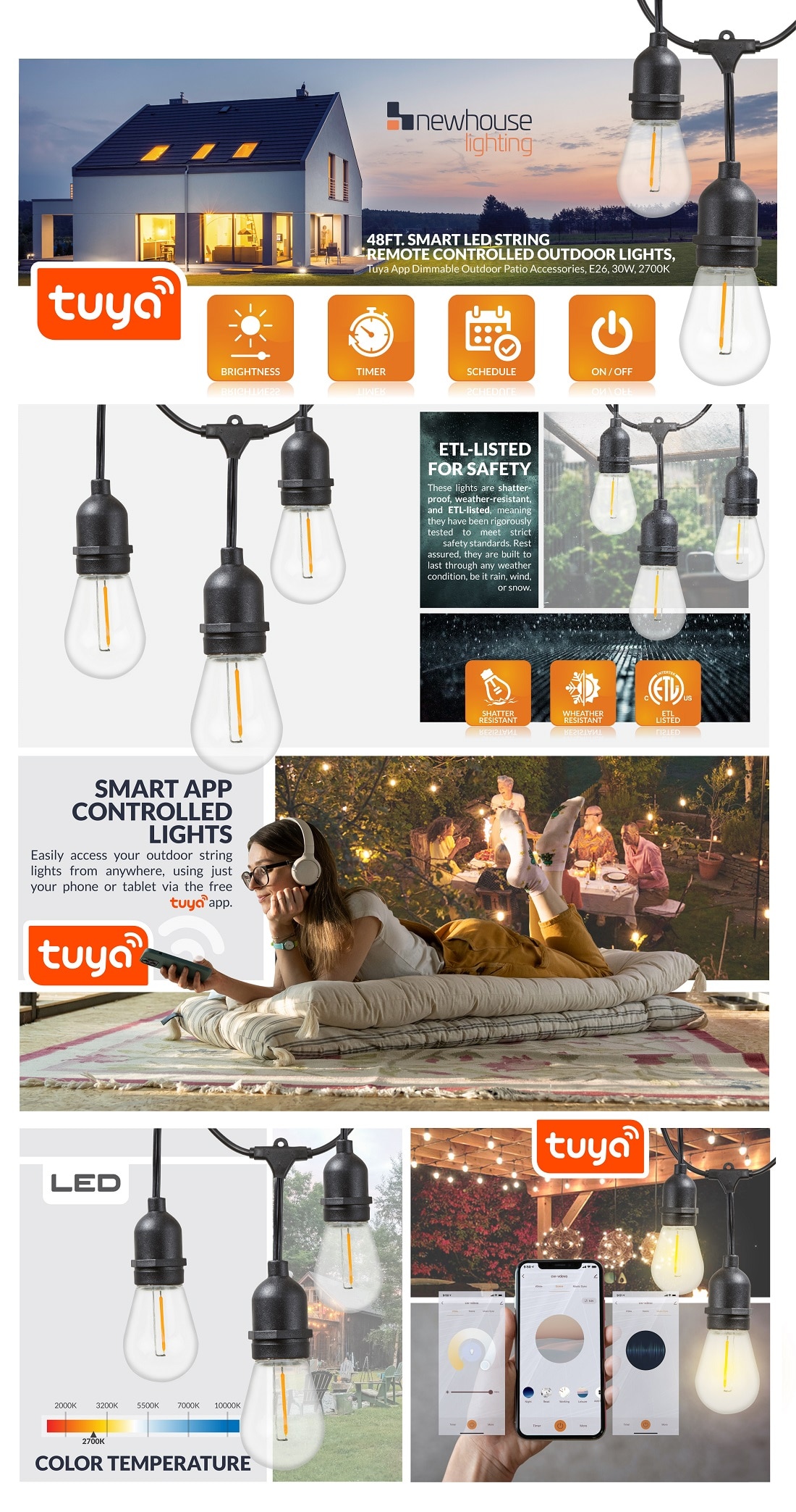 Newhouse Lighting Outdoor 48 ft. Plug-In Edison Bulb LED Smart App ...