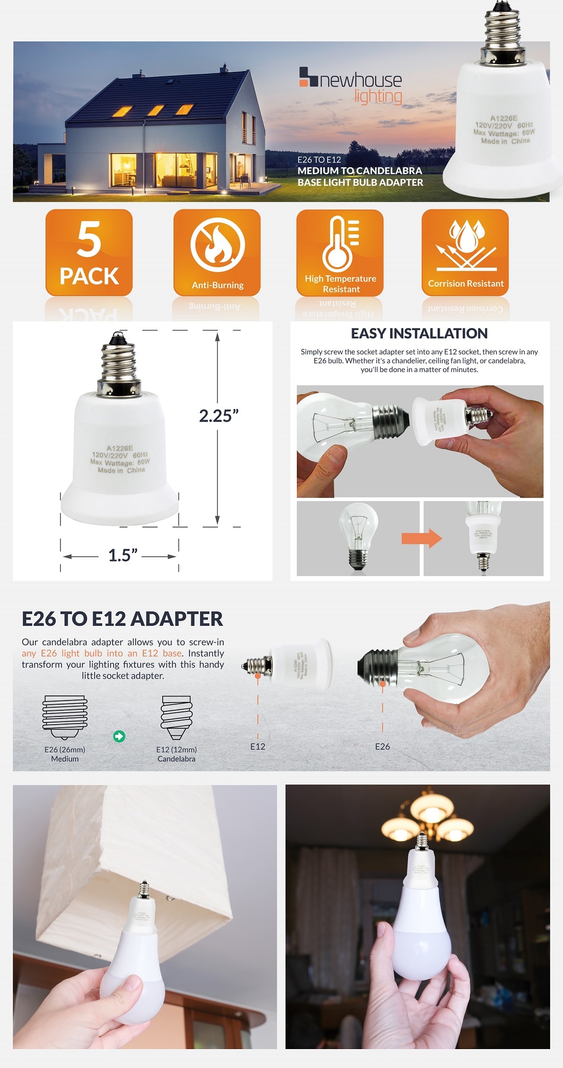 Adamax Candelabra to Standard Bulb Adapter (5-Pack) A1226E-5 - The Home ...