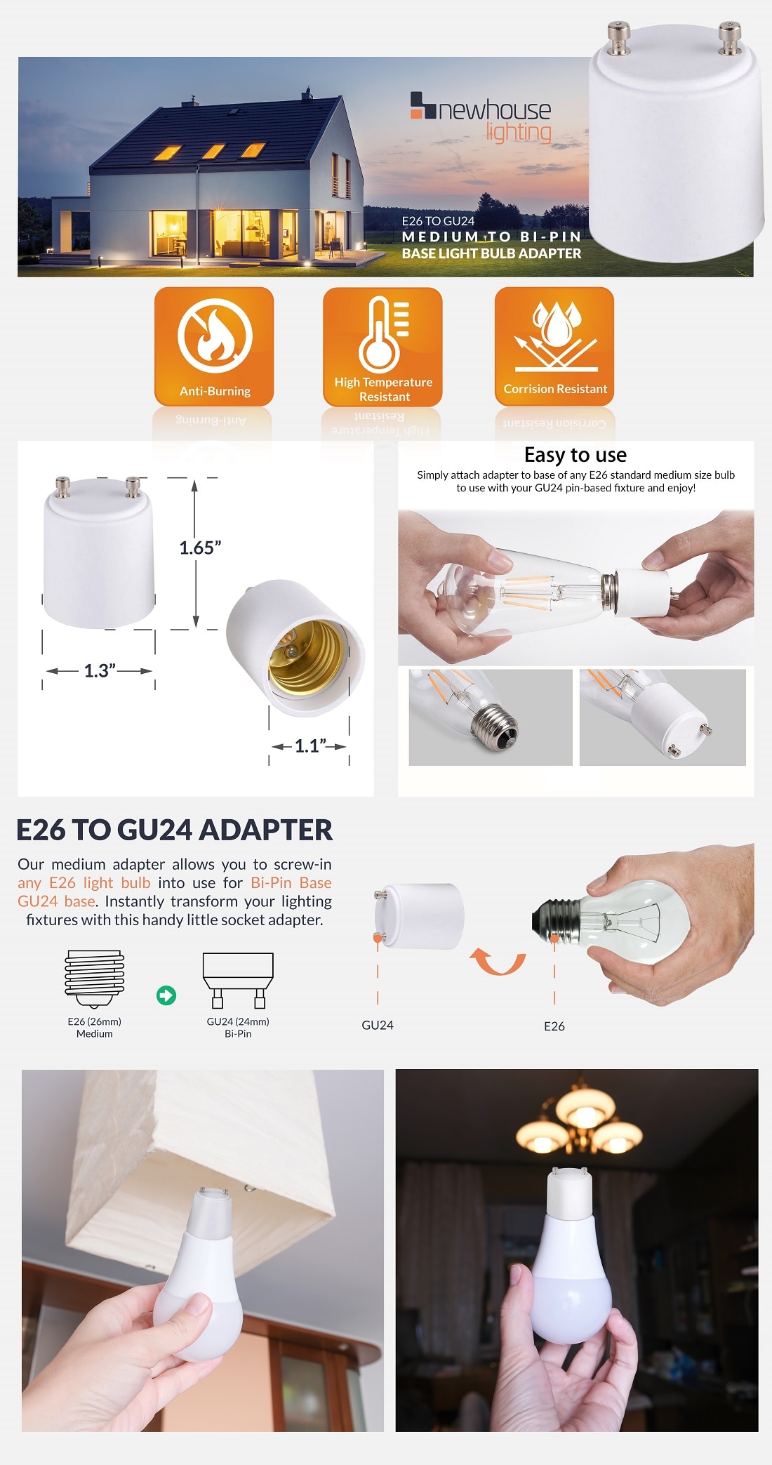 Adamax GU24 to Medium Base (GU24 to E26) Light Bulb Adapter A2426E ...