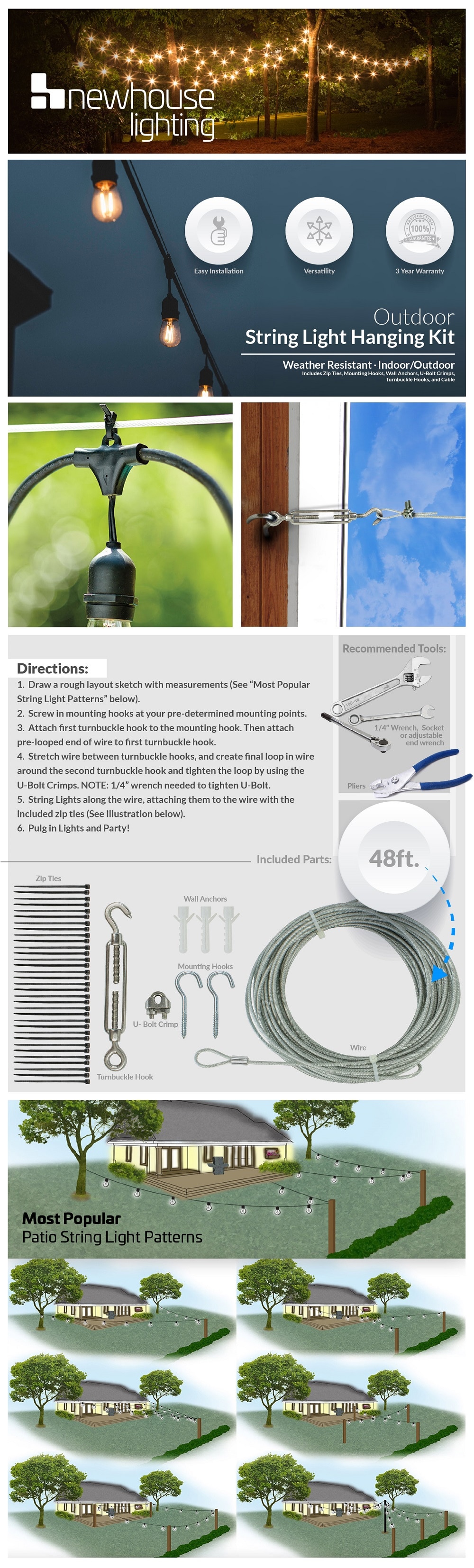 Newhouse Lighting 48 ft. String Light Hanging, Mounting Kit, Wire ...