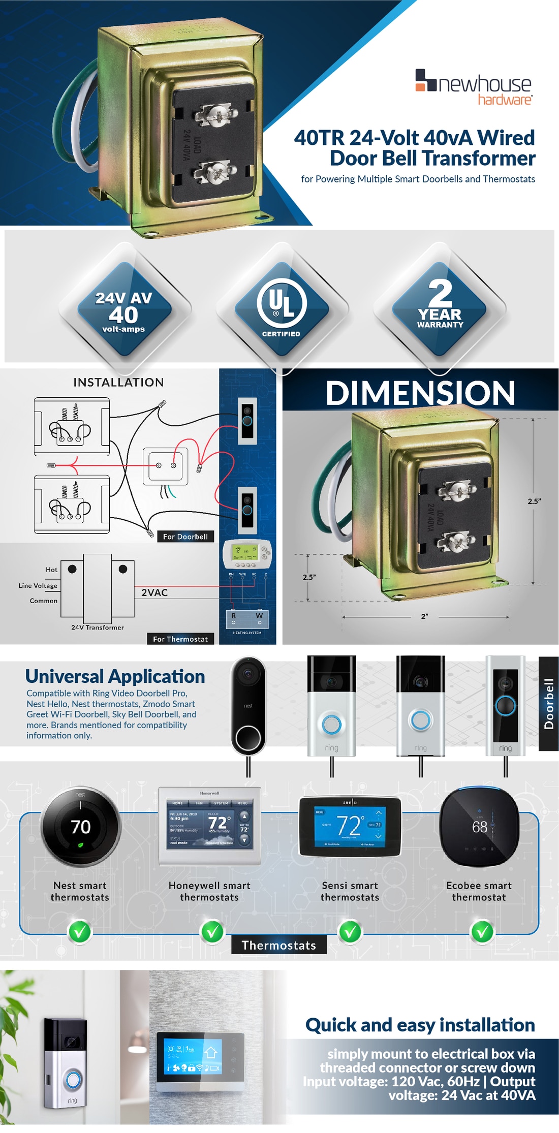 Newhouse Hardware Wired 24V 40vA Doorbell Transformer for Powering ...