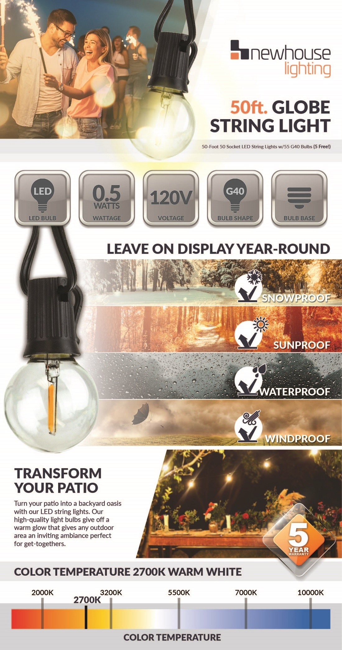 Newhouse Lighting Indoor/Outdoor 50 ft. Plug-In Globe Bulbs Party LED ...