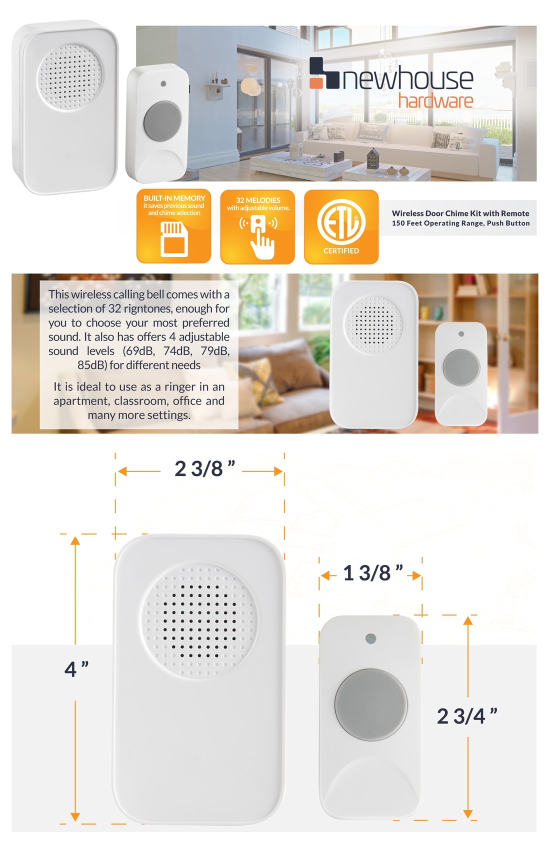 Newhouse Hardware Plug-In Wireless Door Chime Kit with Remote, 150 ft ...