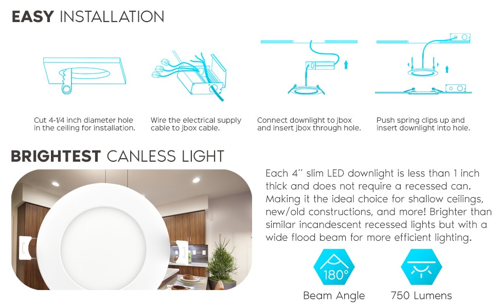 LUXRITE 4 in. Canless Ultra Thin w/J-Box 10W CCT 2700K 3000K 3500K ...