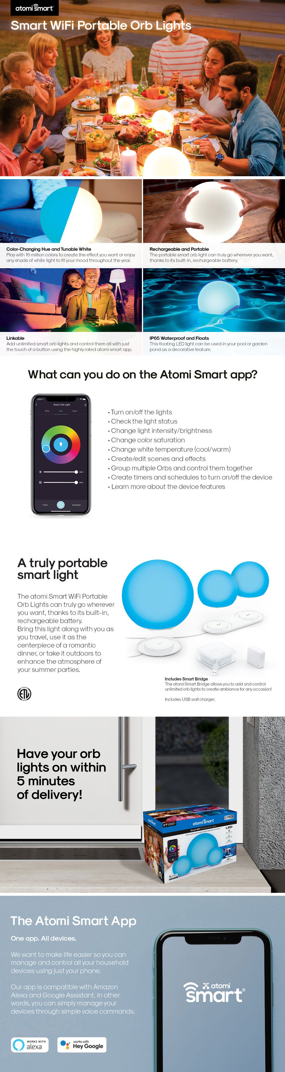 atomi smart Smart Wi-Fi Portable LED Orb 7 in. Multi-Color Lamp with ...