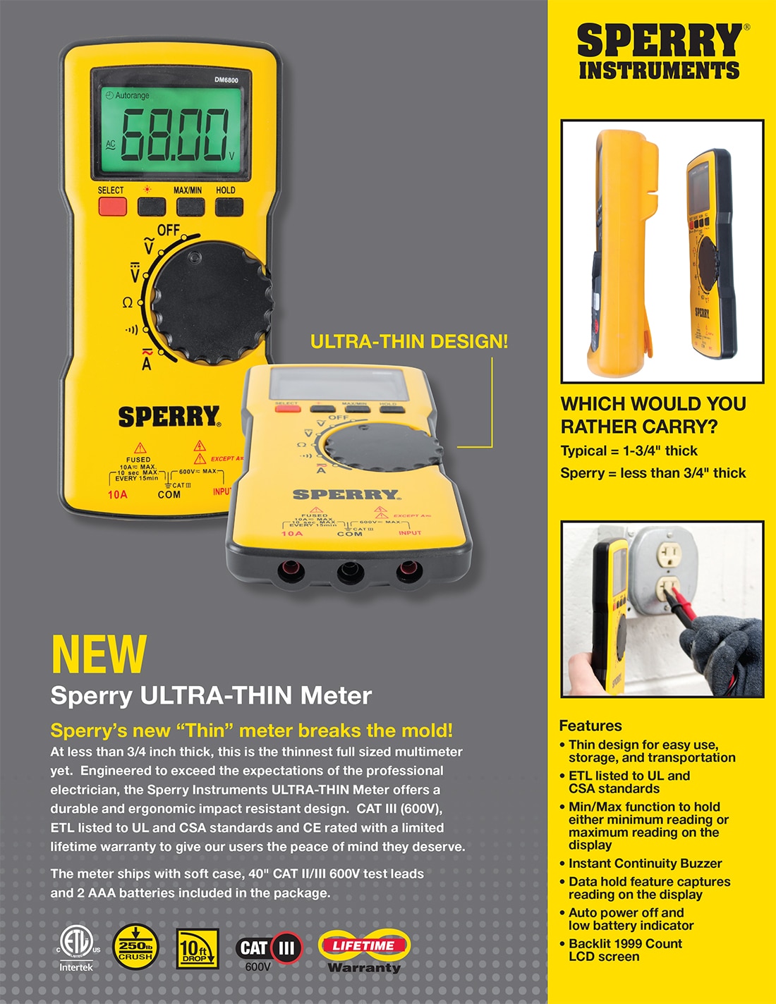 Sperry 600V AC/DC Thin Digital Multimeter Autoranging DM6800 - The Home ...
