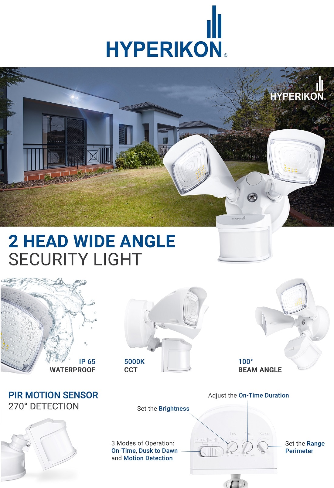 Hyperikon 2-Head Security 25-Watt 270-Degree White Motion Activated ...