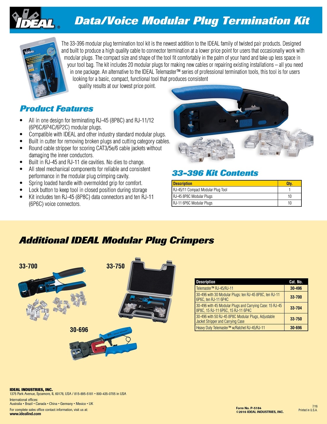IDEAL RJ45/RJ11 Modular Plug Crimper Kit Tool with 10 RJ45 (8P8C) and ...