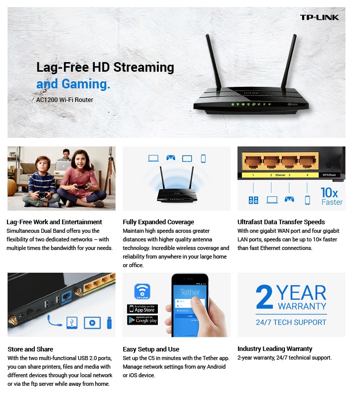 TP-LINK AC1200 Wireless Dual Band Gigabit Router ARCHER C5 - The Home Depot