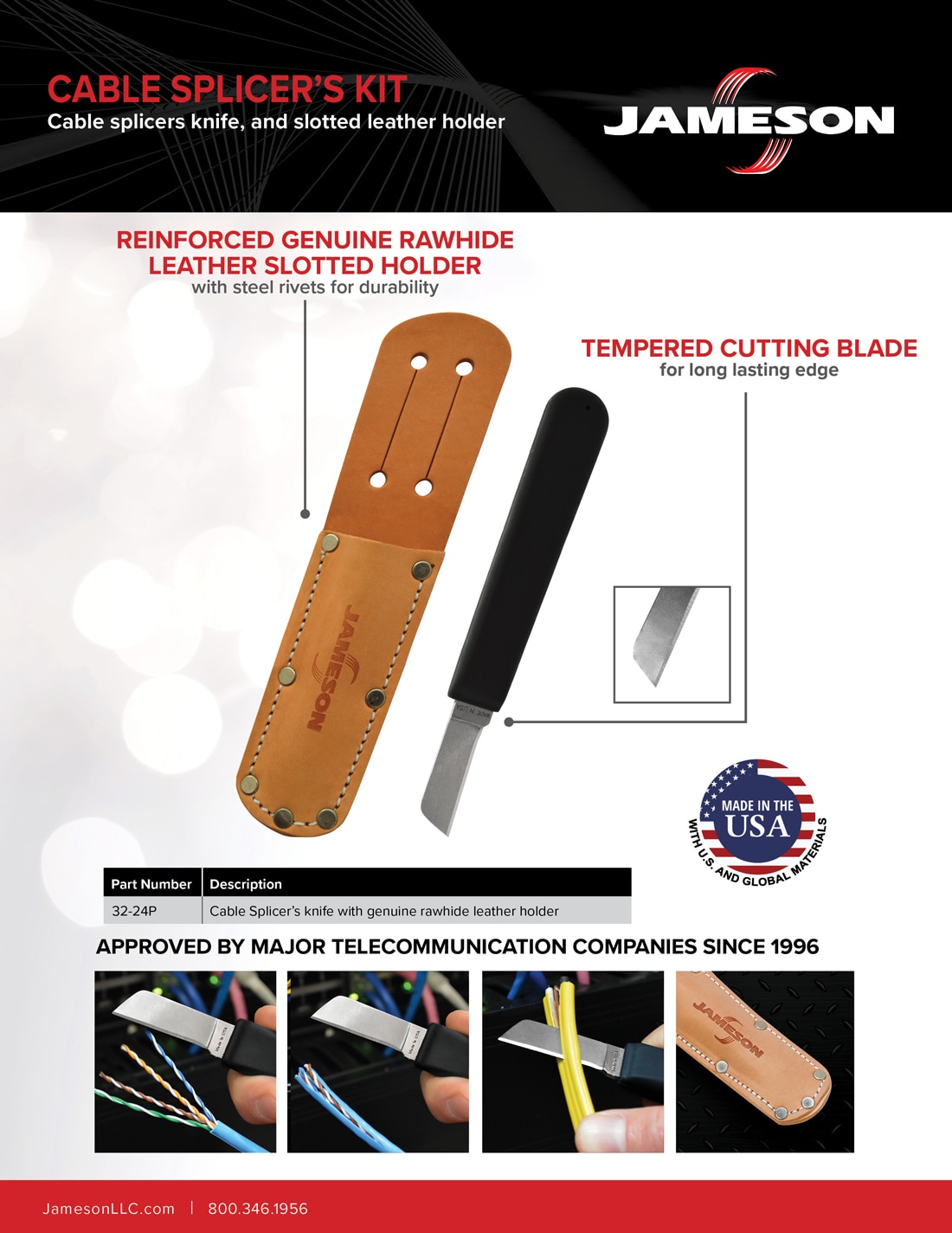 Jameson Cable Splicers Knife, 6-1/4 in. with Leather Belt Pouch 32-24P ...