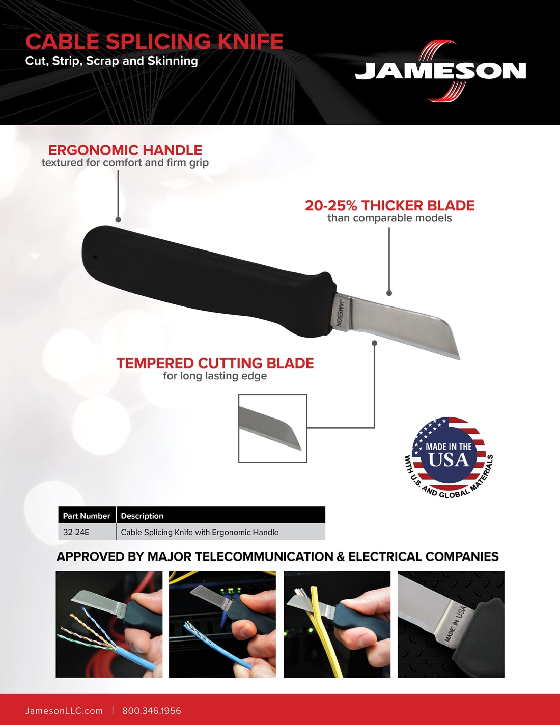 Jameson Cable Splicers Knife, 6-1/4 in. with 1-1/2 in. blade, Ergonomic ...