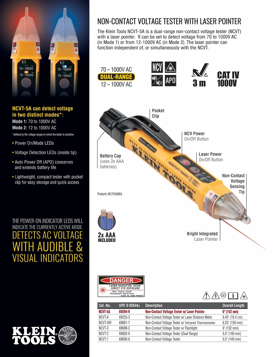Klein Tools 2-Piece Non-Contact Voltage Tester with Laser Pointer and ...