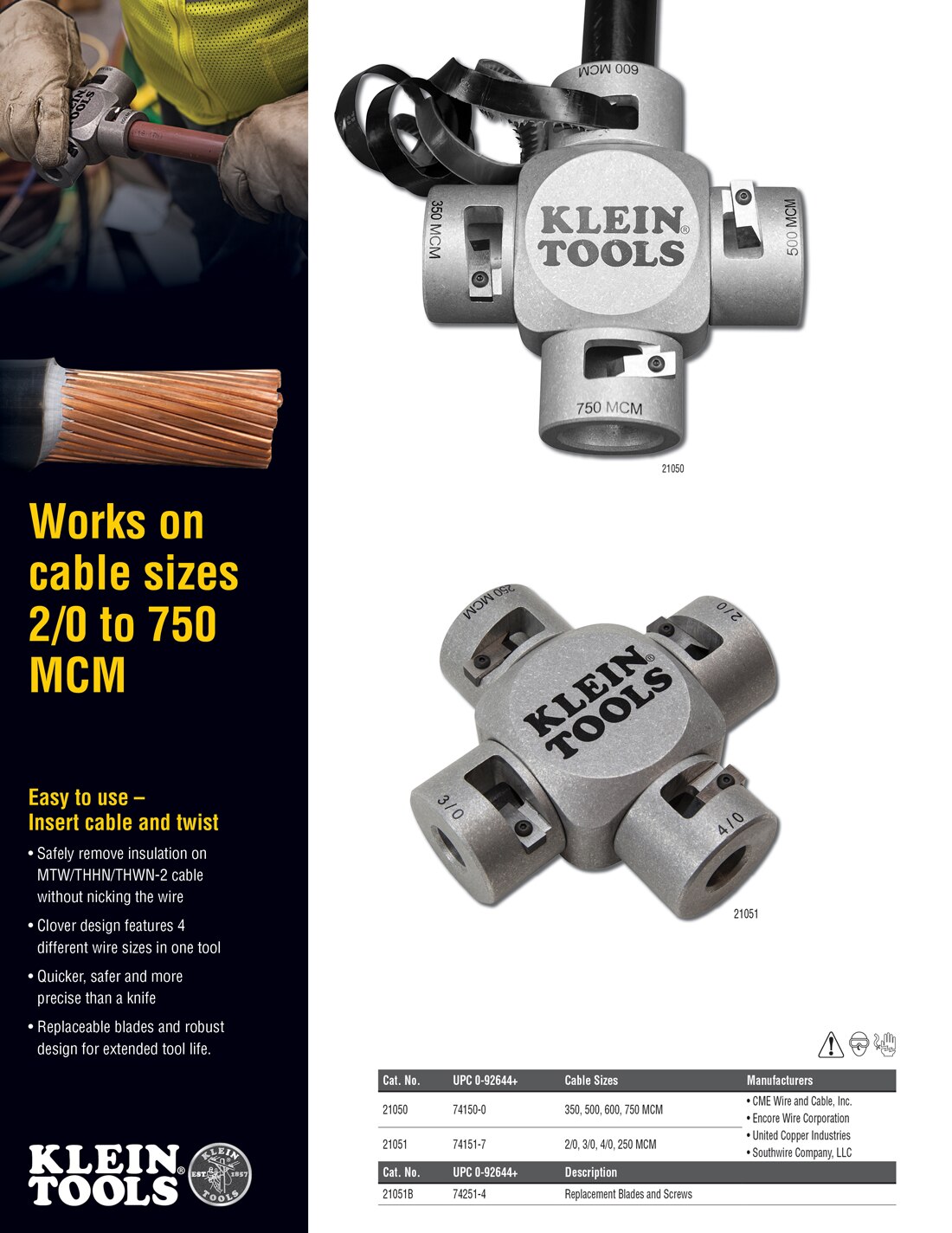 Klein Tools Large Cable Stripper (2/0 - 250 MCM) 21051 - The Home Depot