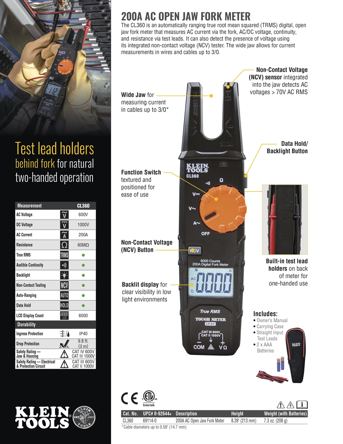 Klein Tools 200 Amp AC Open Jaw Fork Meter CL360 - The Home Depot