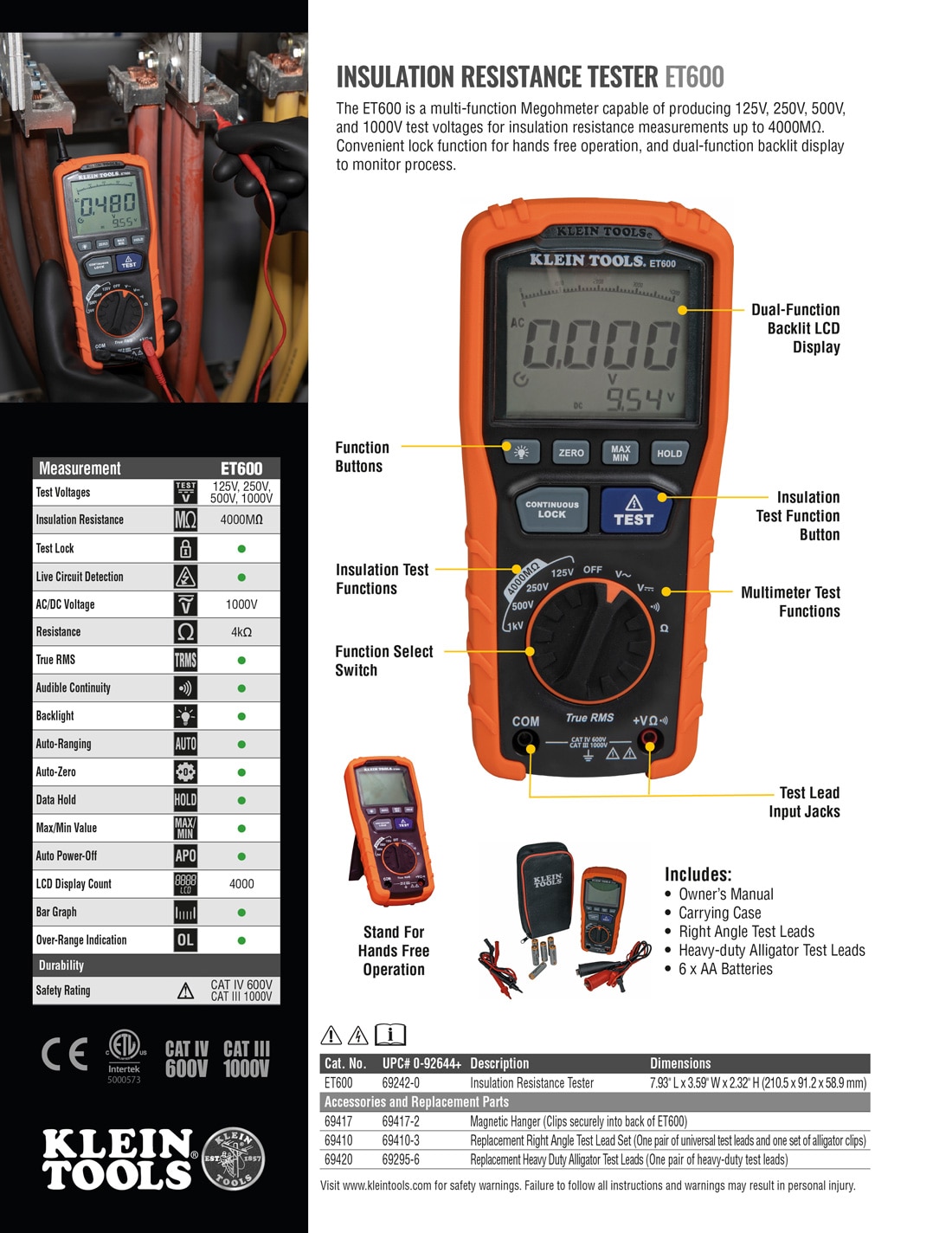 Klein Tools Digital Insulation Resistance Tester, Auto-Ranging TRMS ...