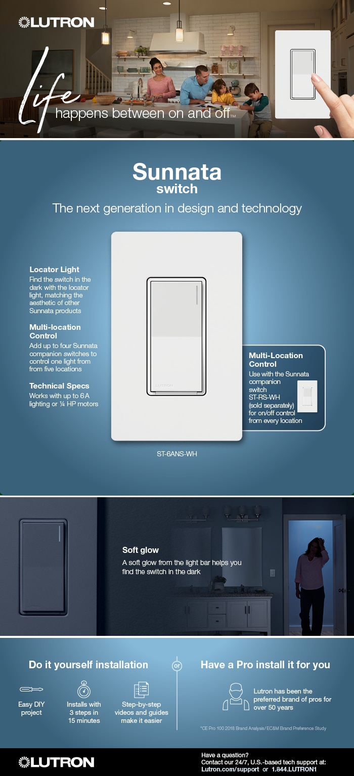 Lutron Sunnata Switch, for 6A Lighting or 3A 1/10 HP Motor, Single Pole ...